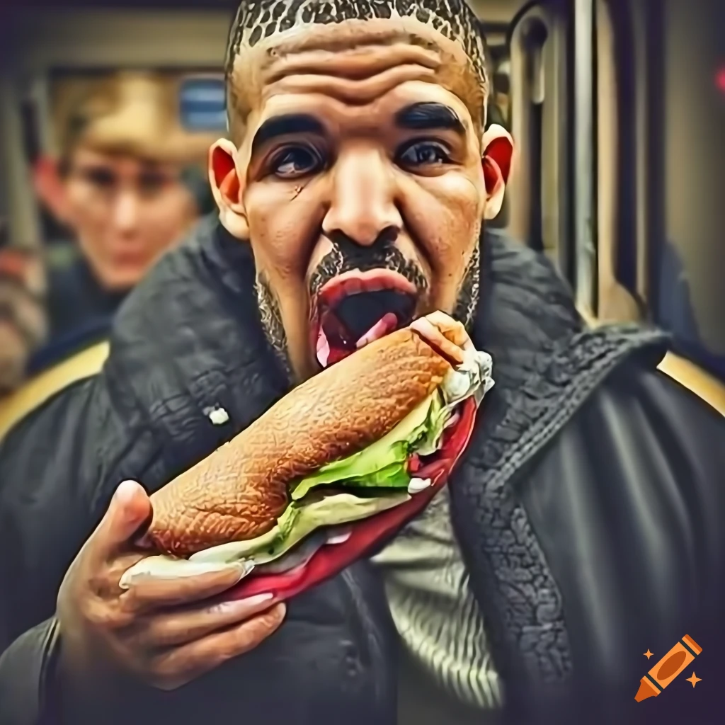 Photorealistic image of drake eating a sandwich on a subway train on ...