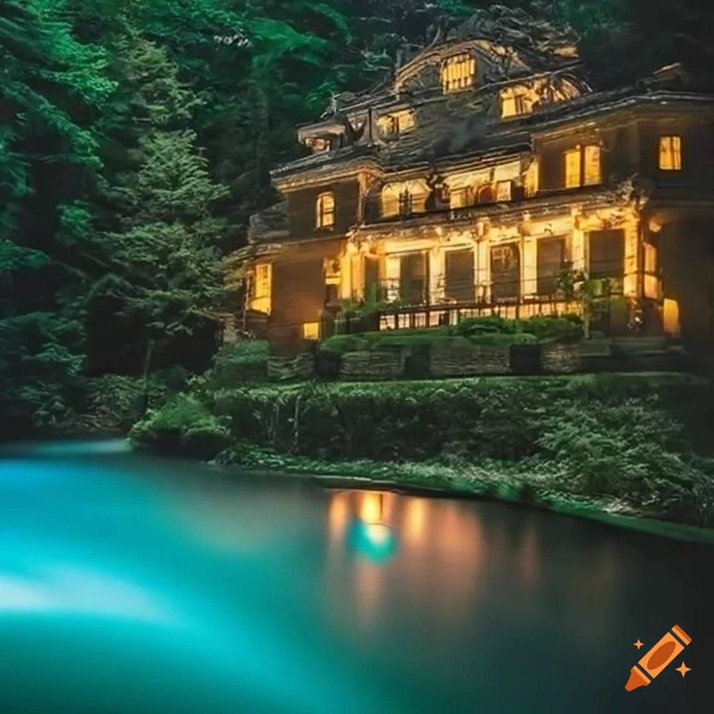 Night view of a mansion with a beautiful waterfall on Craiyon
