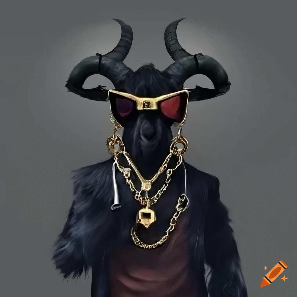 Black goat wearing sunglasses and gold chain necklace on Craiyon