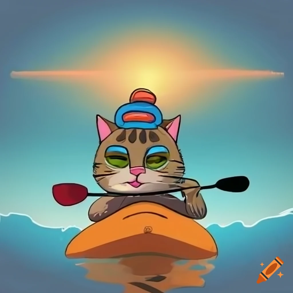 Cartoon art of a cat kayaking on the ocean