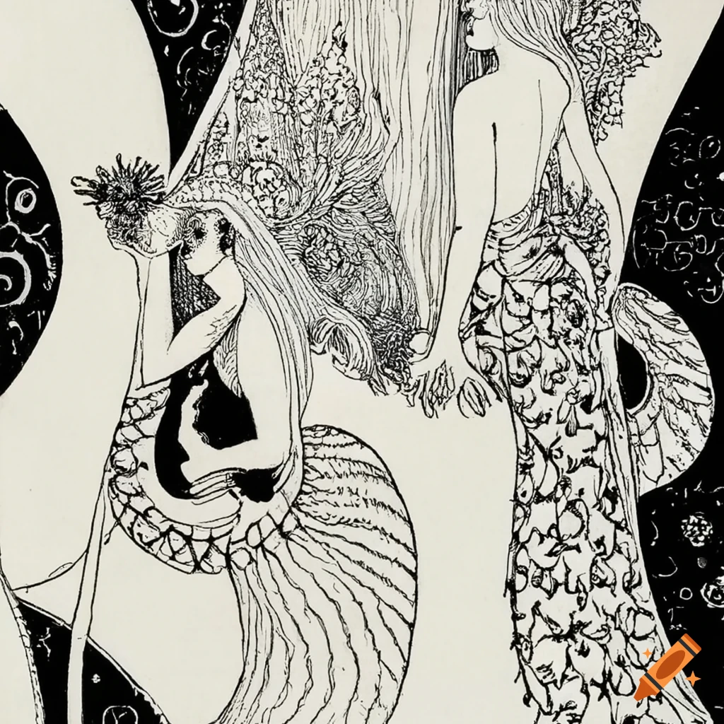 Intricate artwork of mermaids on the open sea