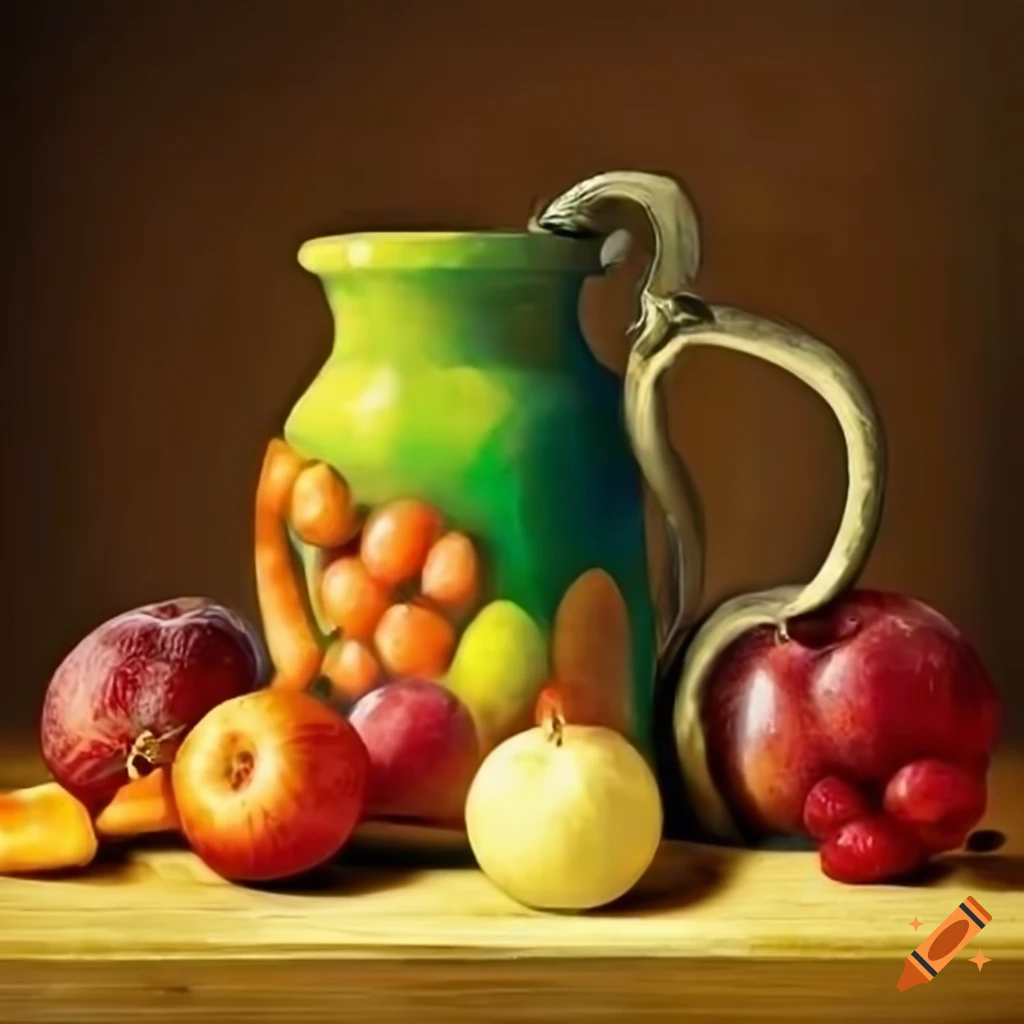 Still life painting with fruits and a pitcher