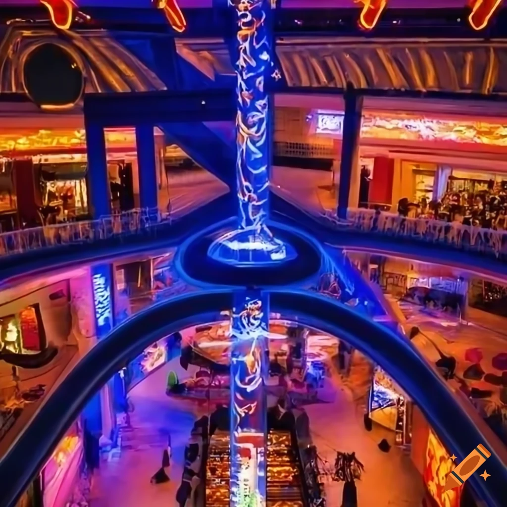 Neon shopping mall interior at night with flames on Craiyon