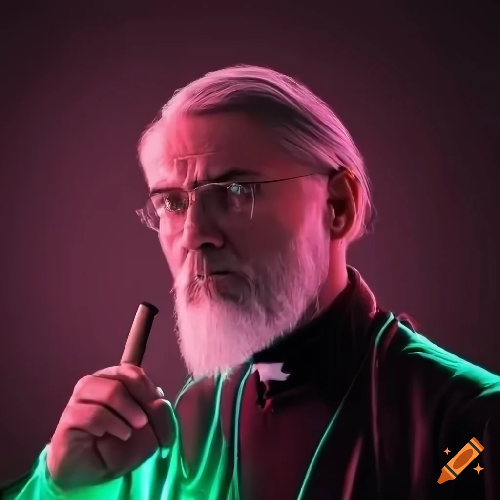 Gabe newell in cyber-futuristic attire with cityscape in neon lights on ...