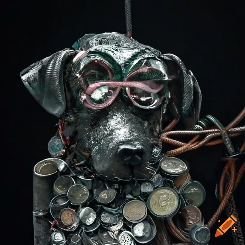 Sculpture of Labrador dog made from recycled objects on Craiyon