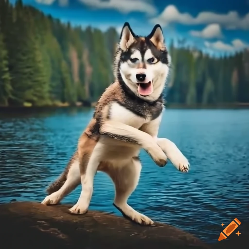 Husky dog dancing above a lake on Craiyon