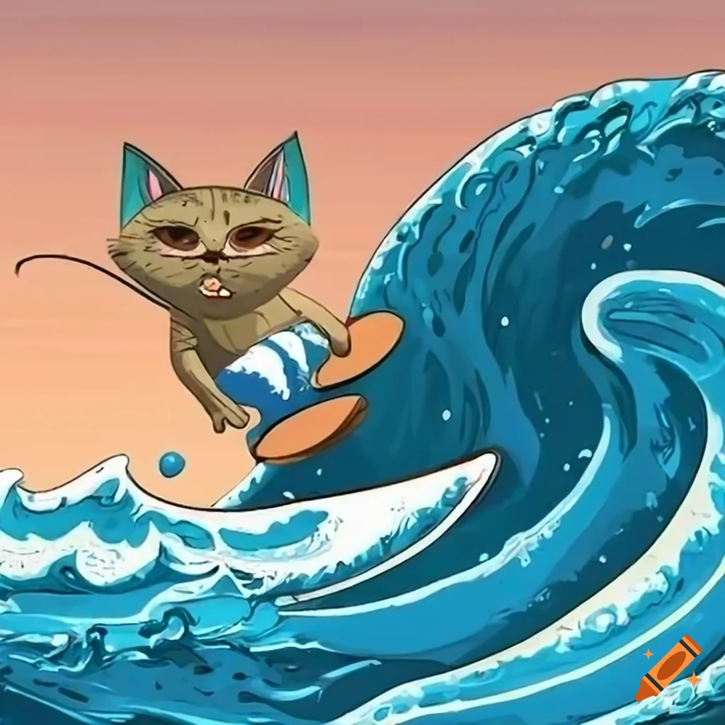 Cartoon cat surfing the waves on Craiyon