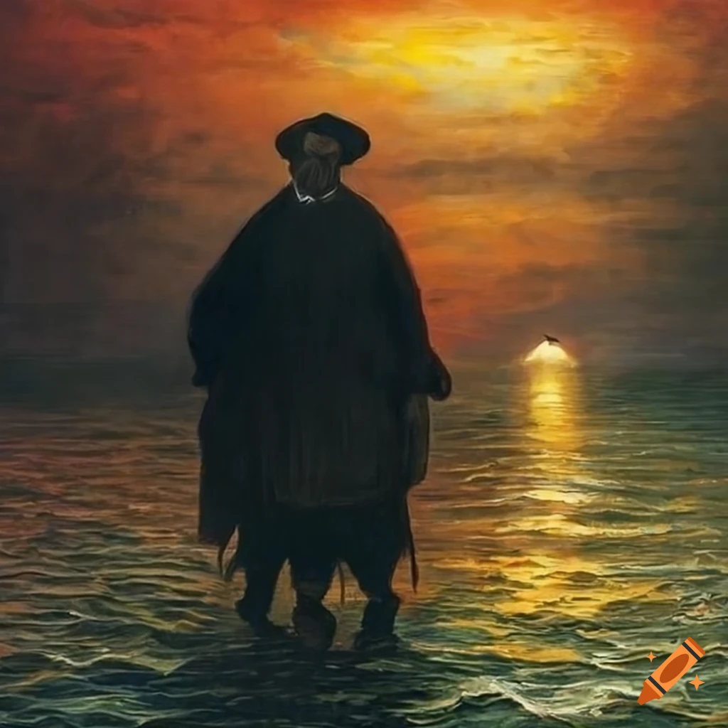 Painting of a fat man in a gold suit against a sunset backdrop on Craiyon