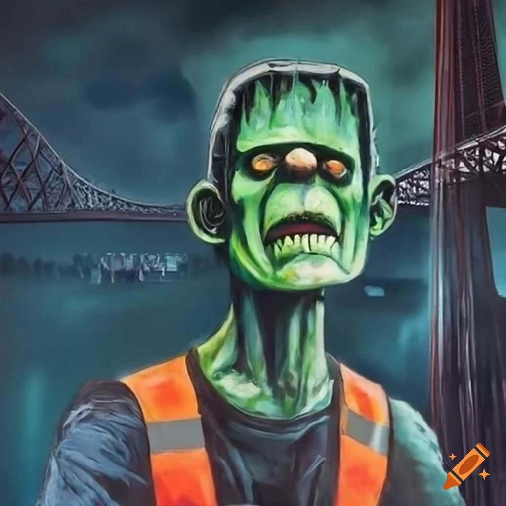 Artistic depiction of Frankenstein's monster painting under bridge on ...