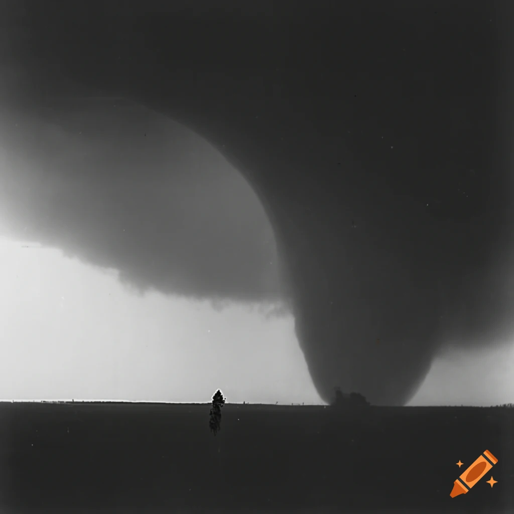 Vintage black and white photo of a tornado in an open field on Craiyon