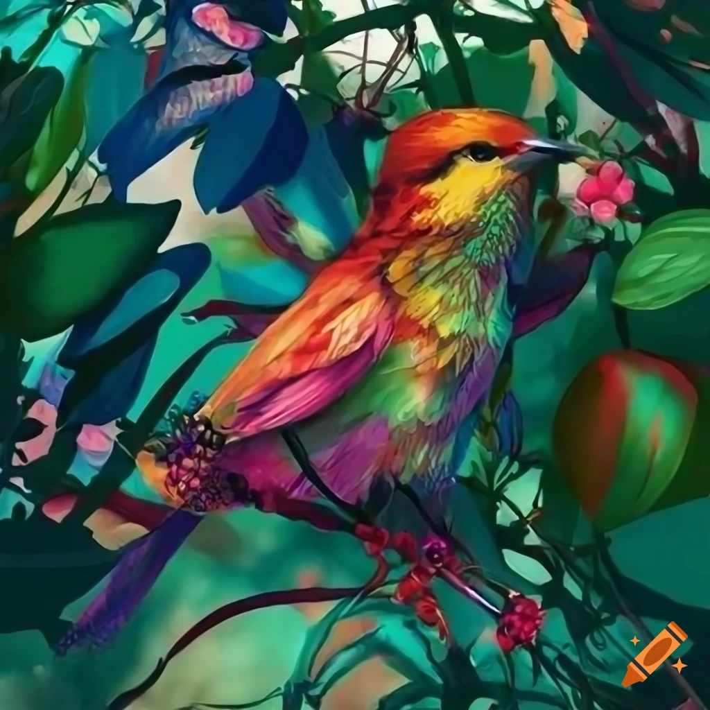 Illustration of a lush jungle with colorful birds and butterflies on ...