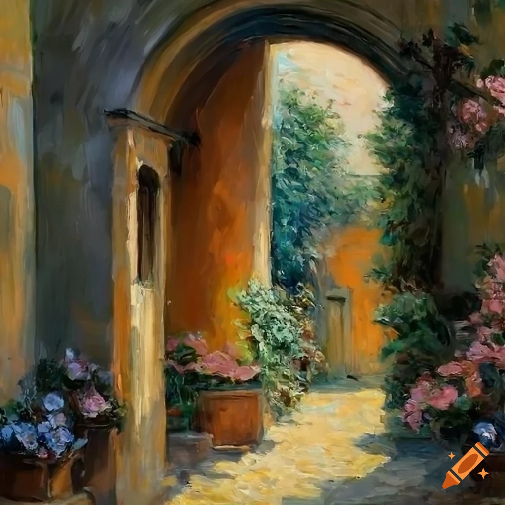 Impressionist painting of an inviting italian house with courtyard on ...