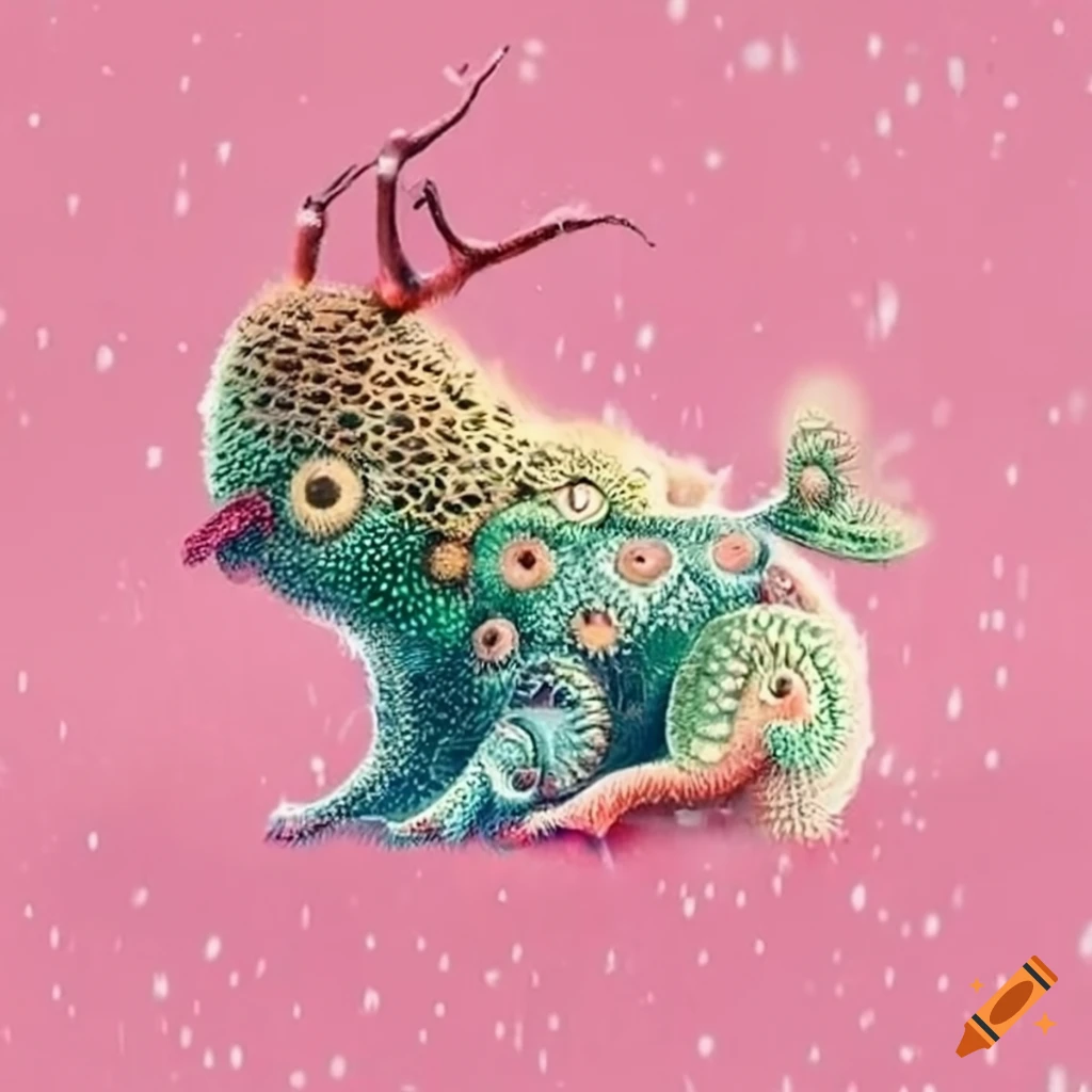Illustration of cute creatures in falling snow on Craiyon