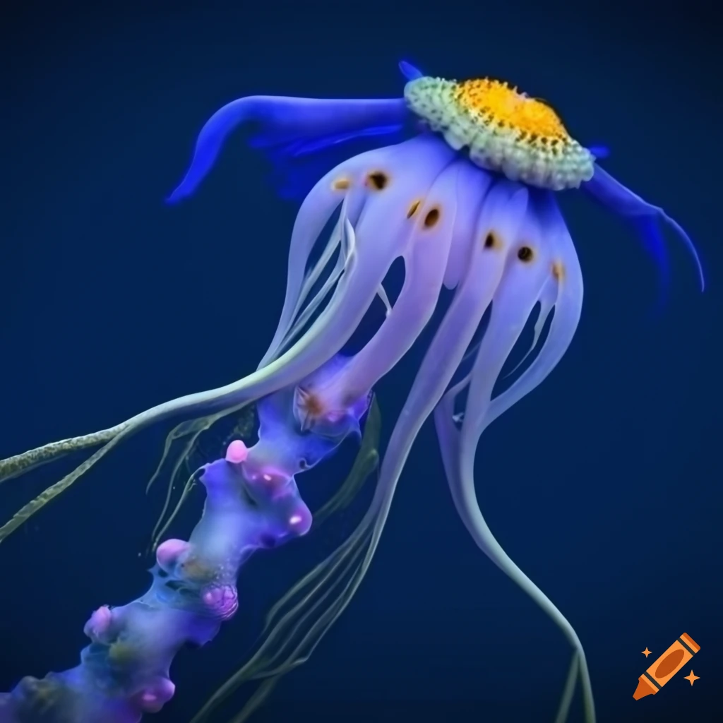 Sea creature with floral patterns in dark blue underwater scene