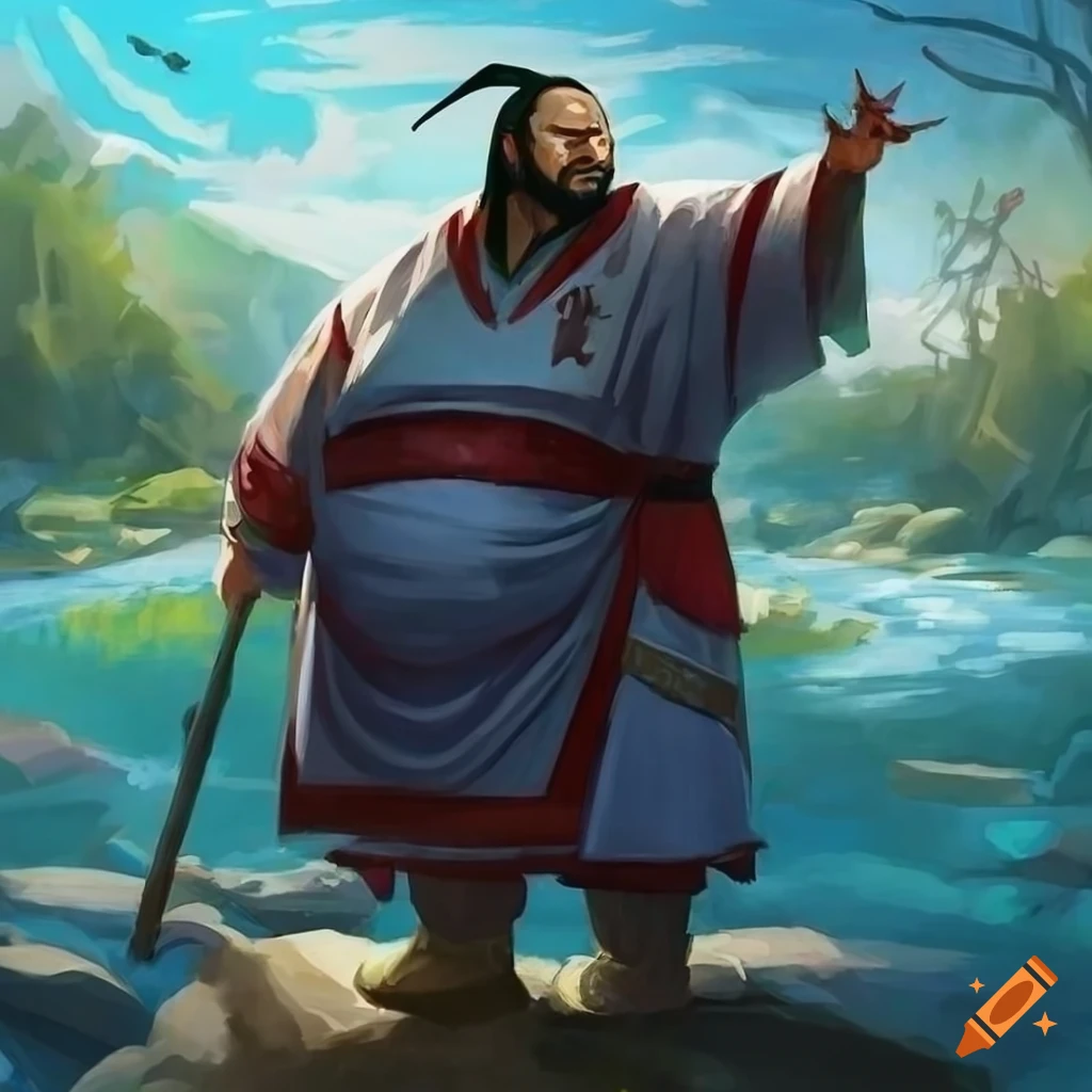 Illustration of a fat Asian sorcerer in ancient Chinese clothes on Craiyon