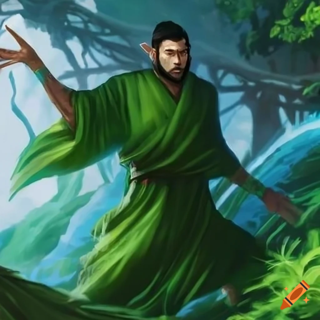 Asian elf male in ancient chinese clothing on mountain path