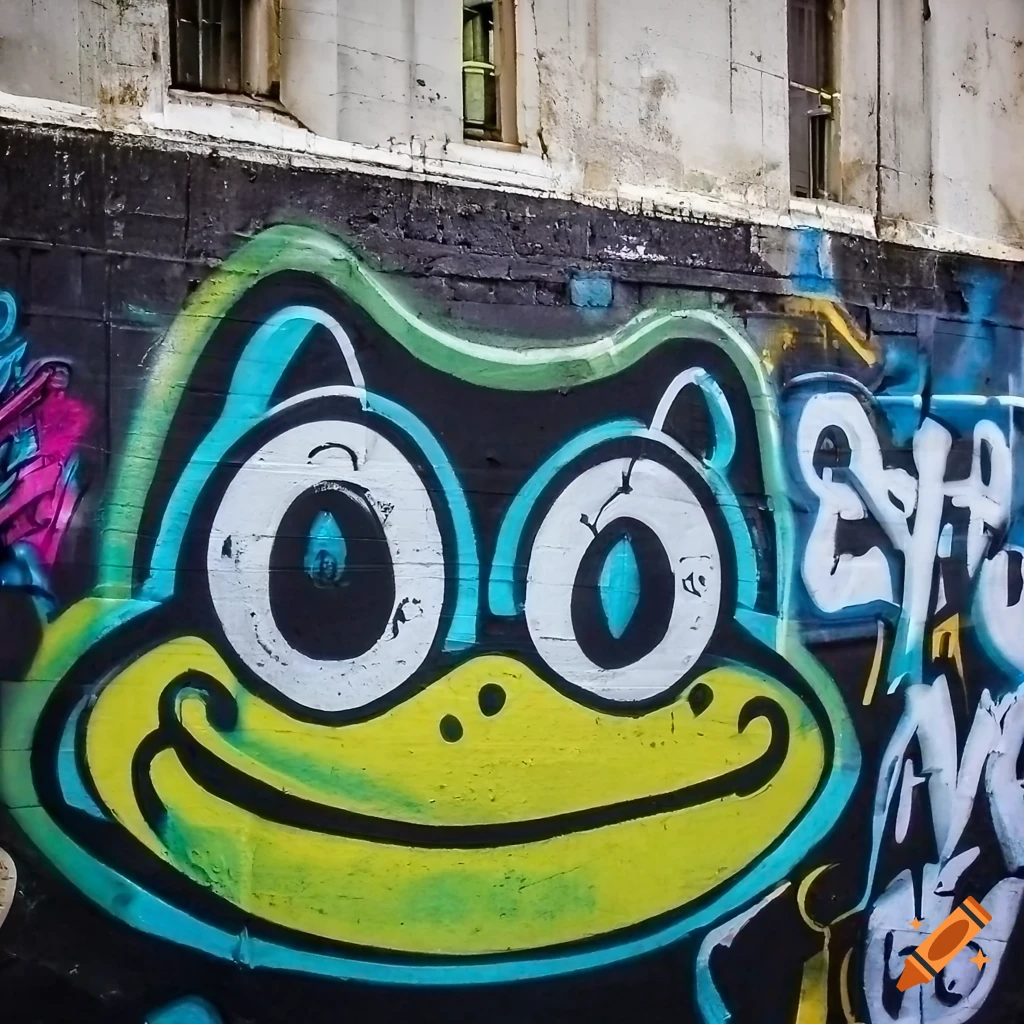 Graffiti of a happy frog on a wall on Craiyon