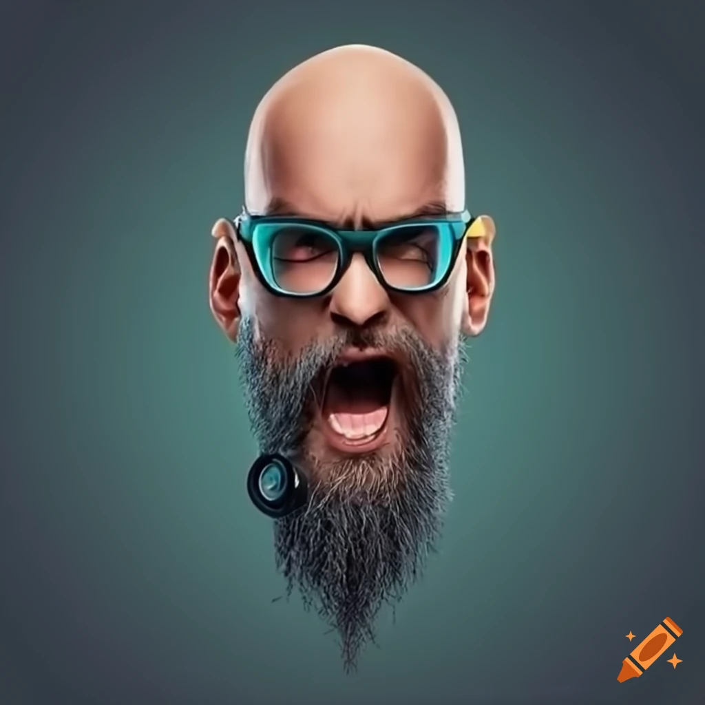 Portrait of a bald guy with glasses wearing a gaming headset on Craiyon