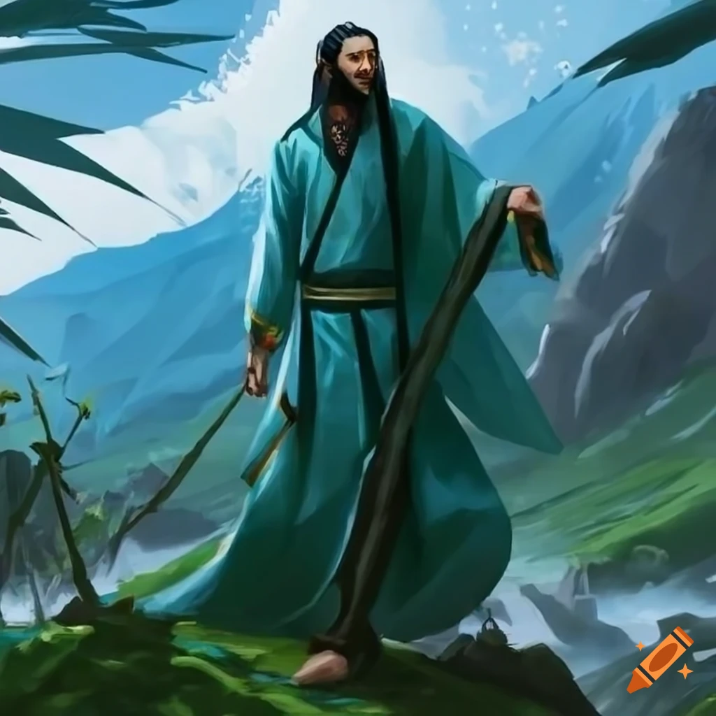 Asian elf male in ancient chinese clothing on a mountain path on Craiyon