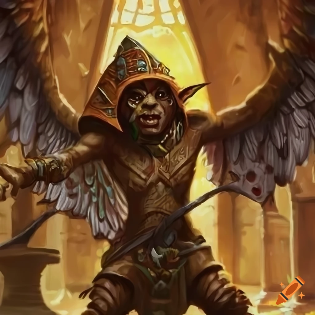 MTG card art of a winged Aztec goblin wearing jaguar skin and hood on ...