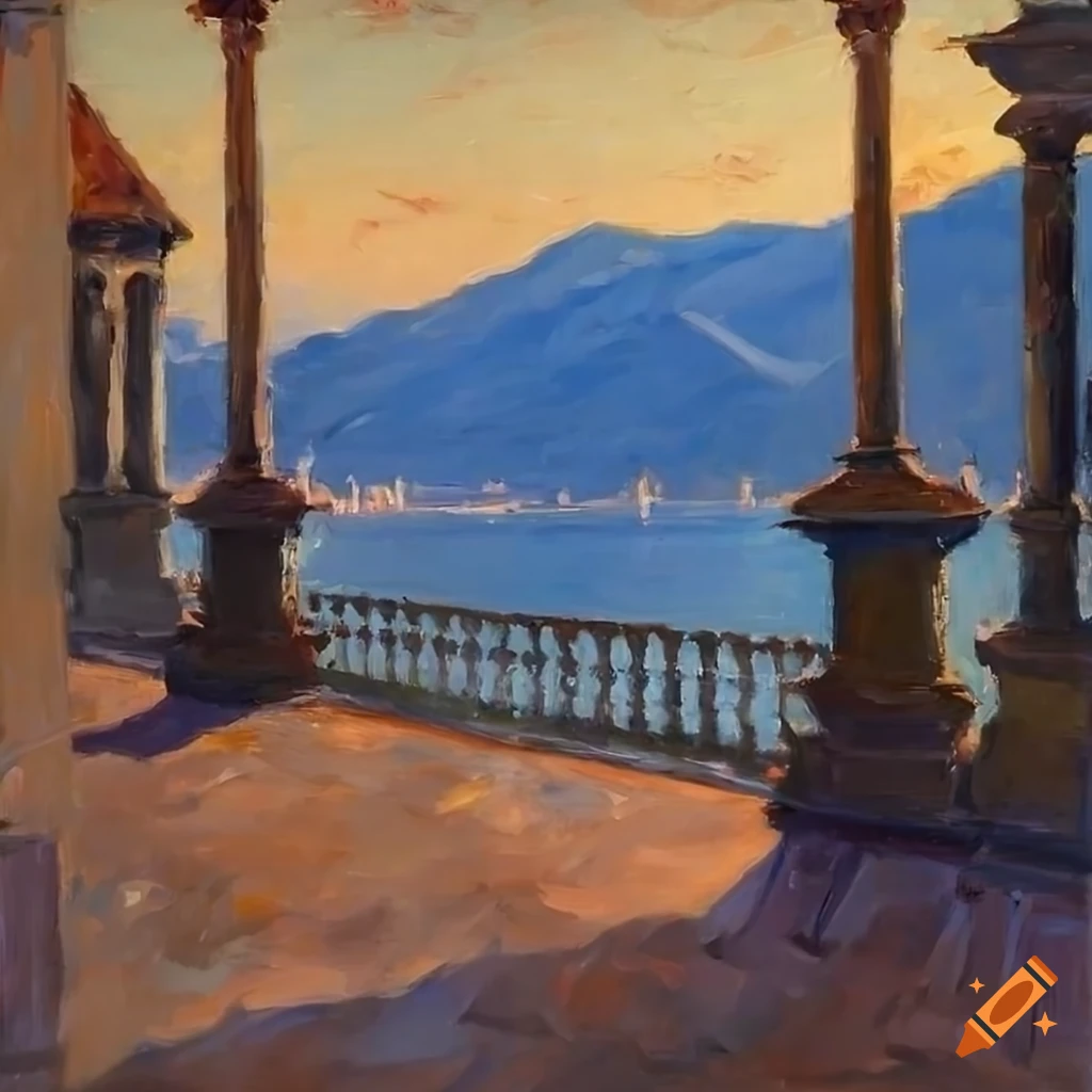 Impressionist painting of a patio overlooking Lake Como on Craiyon