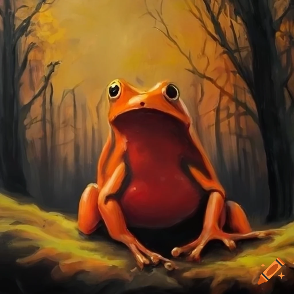 Dark and scary oil painting with an orange frog on Craiyon