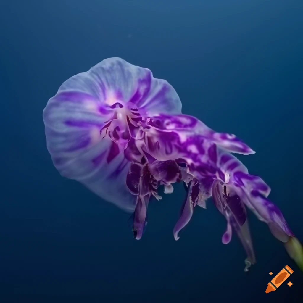 Translucent wild orchid sea creature underwater on Craiyon