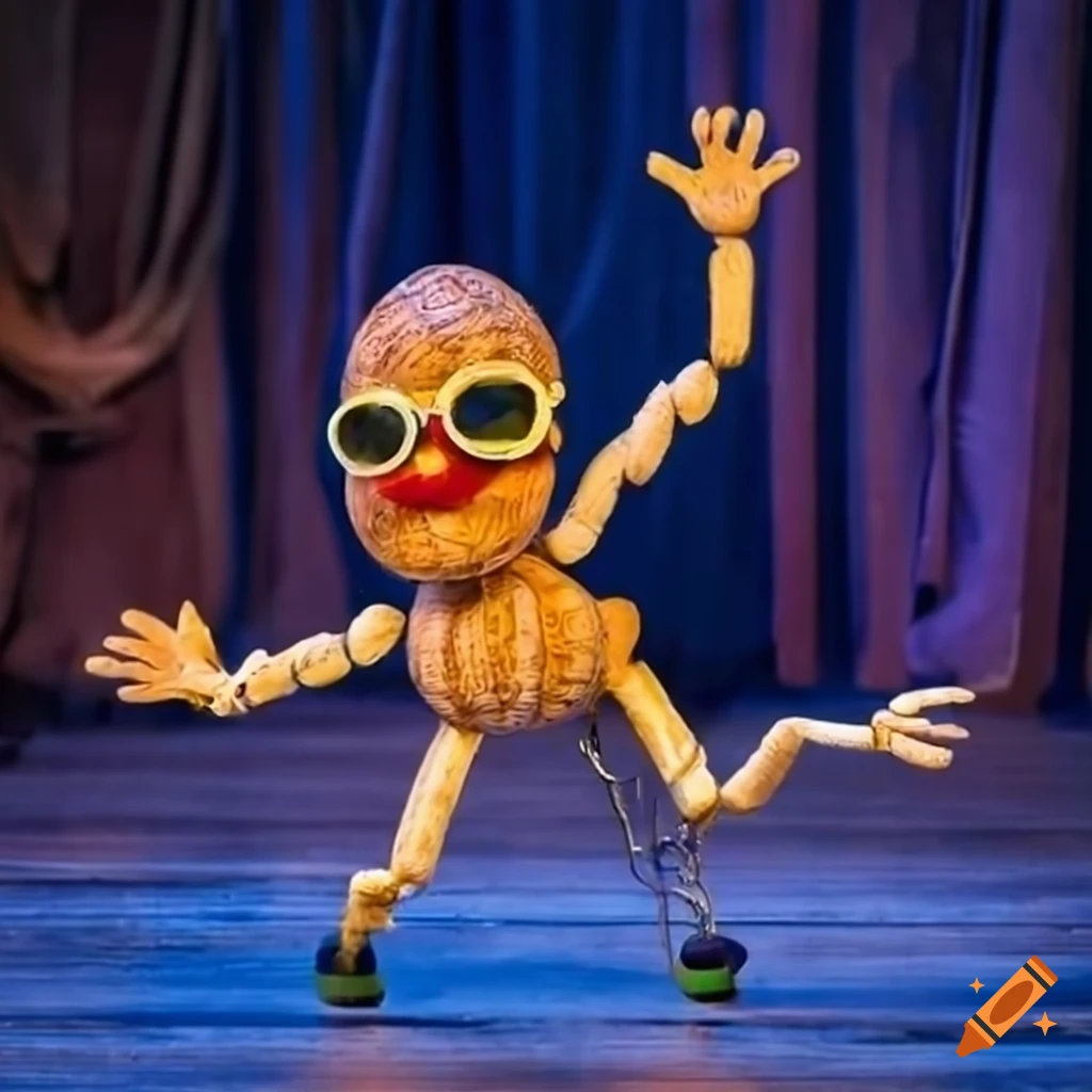 Wooden puppet wearing sunglasses on a stage