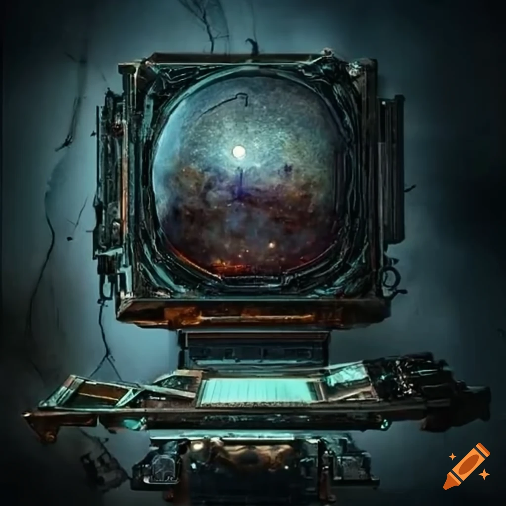 Surrealist alien spaceship machine in front of computer boards on Craiyon