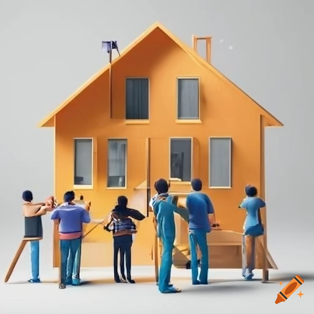 People collaborating to build a house on Craiyon