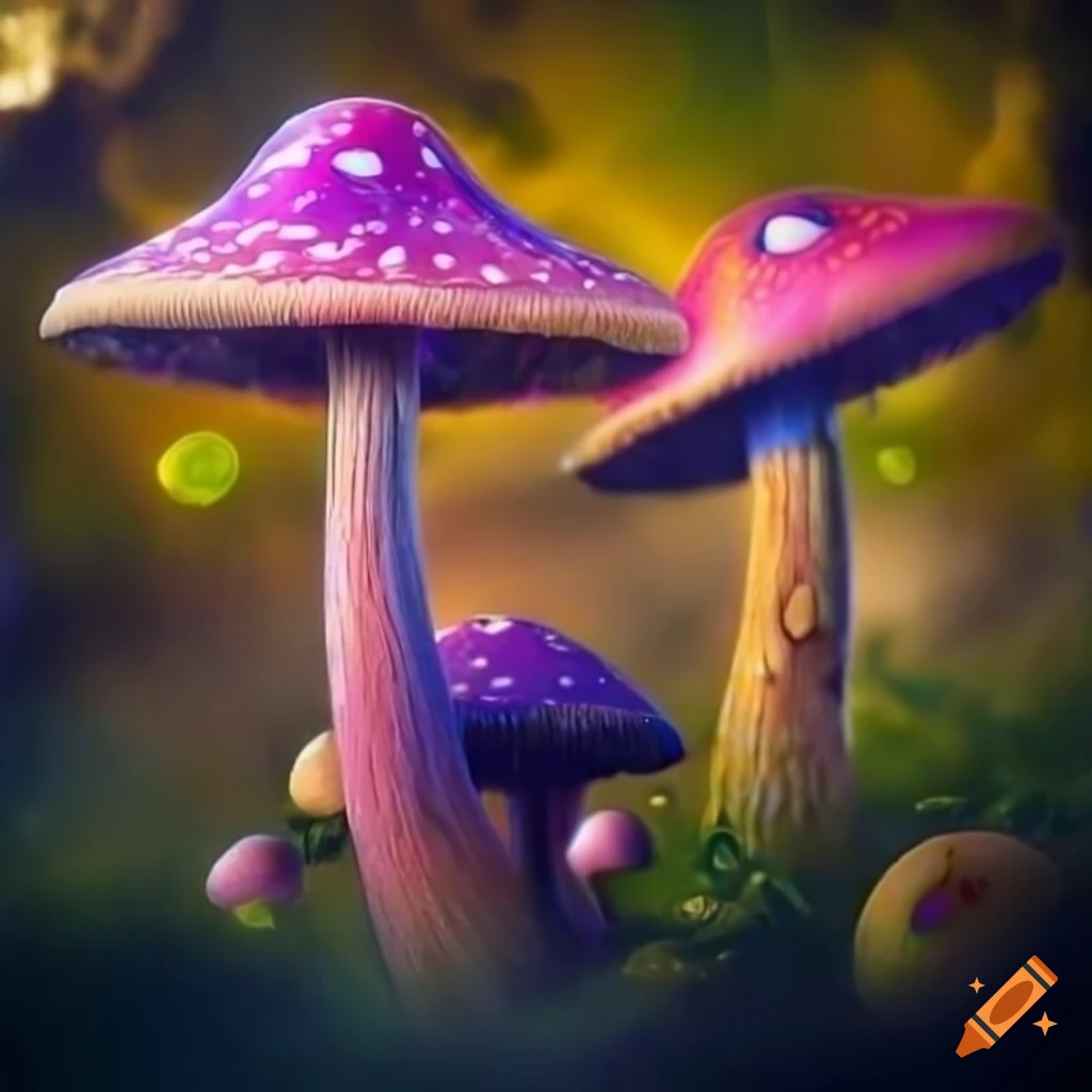 Colorful magical mushrooms in an enchanted forest on Craiyon
