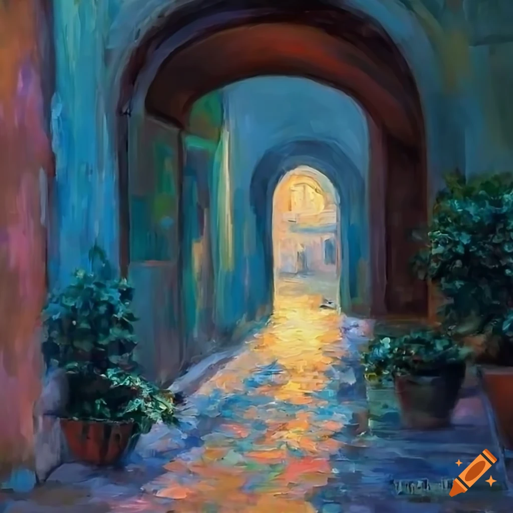 Impressionist painting of a charming italian house with a courtyard on ...