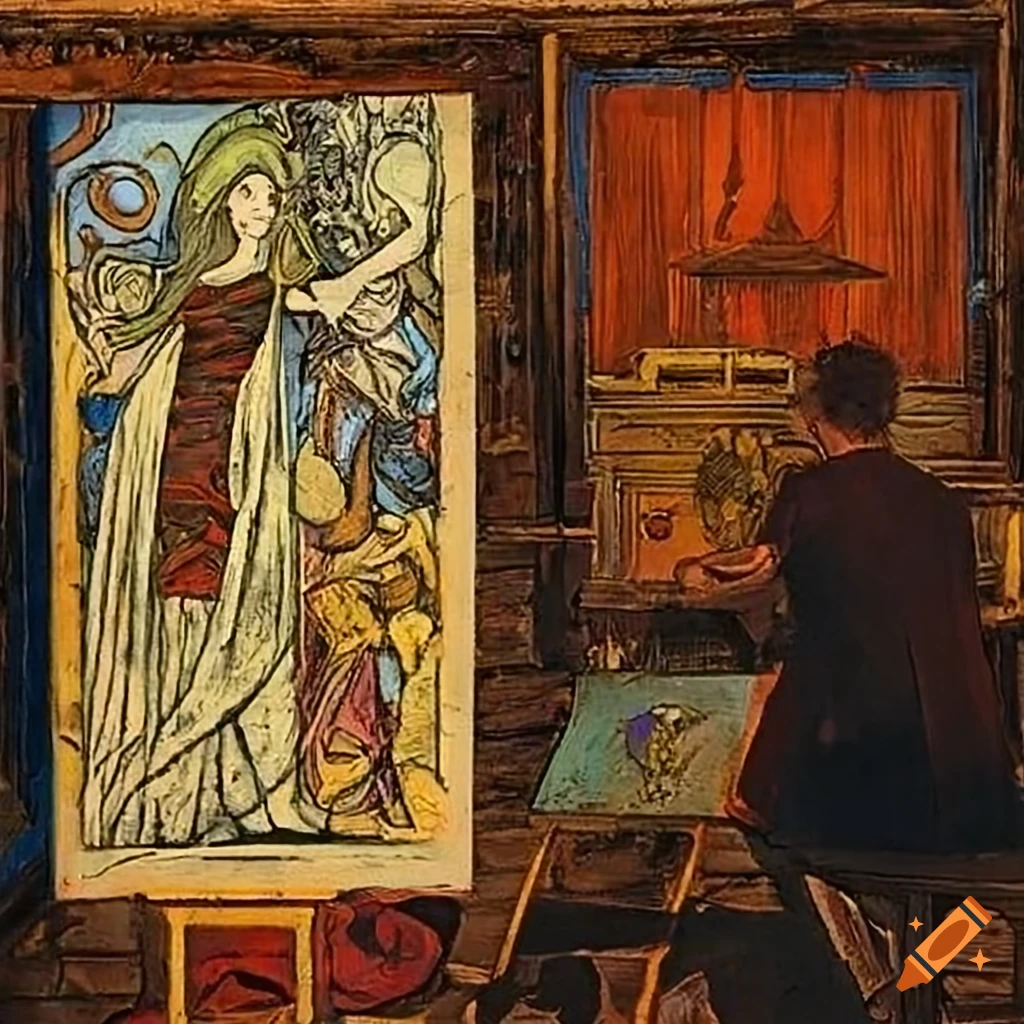 Block-print of artist-magician painting joyfully