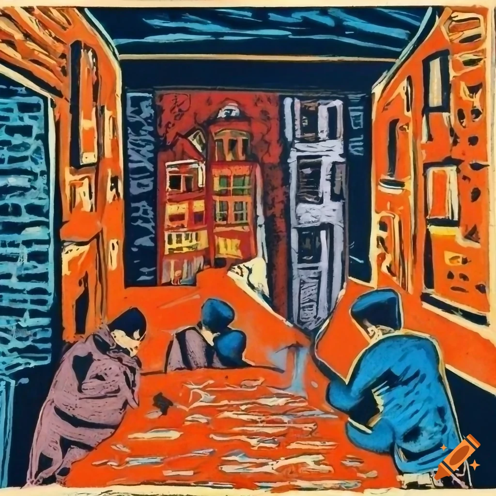 Colorful lino print artwork of men constructing a house