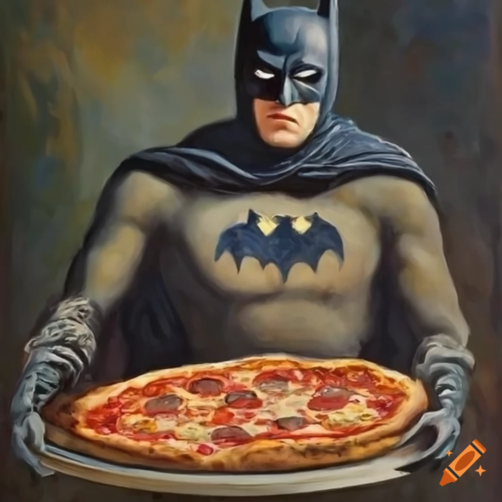 Claude Monet's painting of Batman and pizza on Craiyon