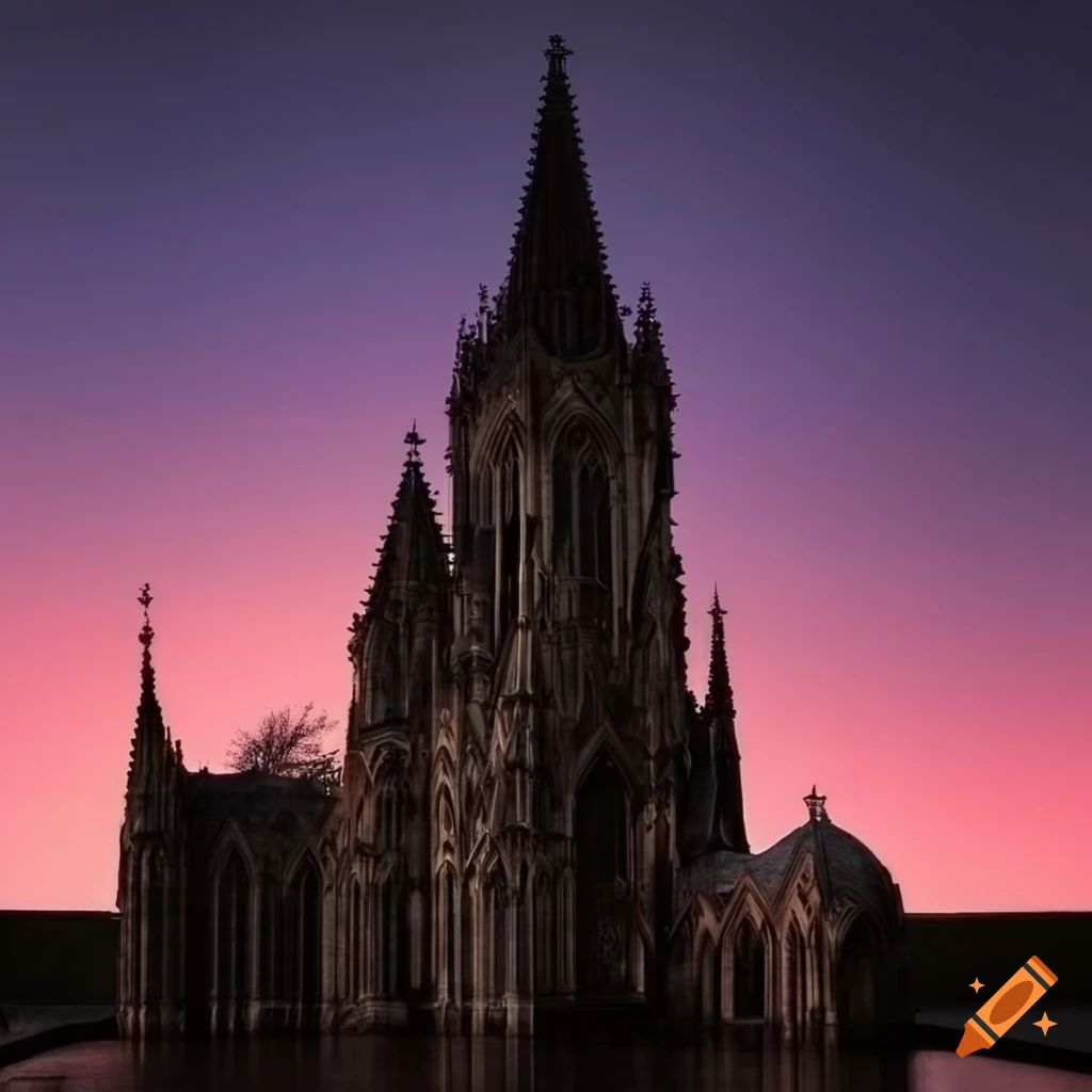 Gothic cathedral silhouetted against a pink sunset