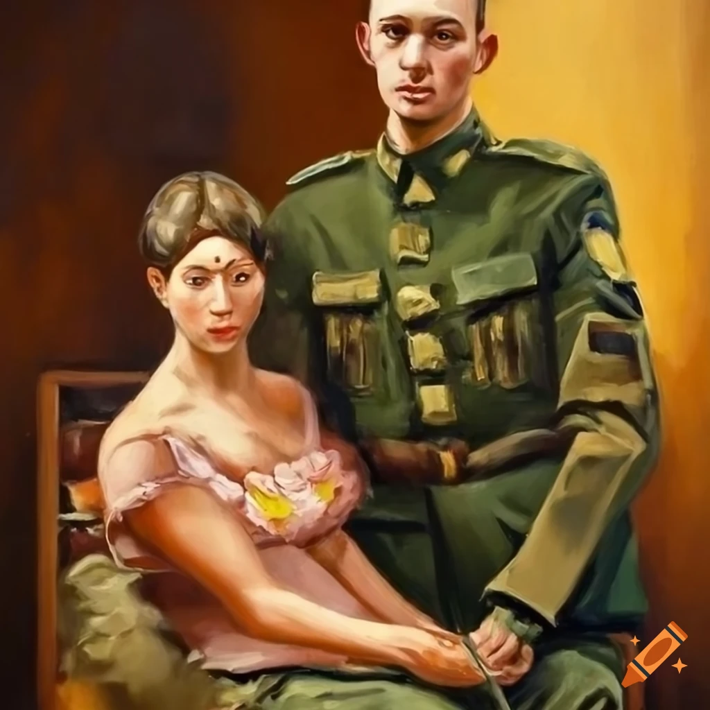 Oil painting of a soldier embracing his wife