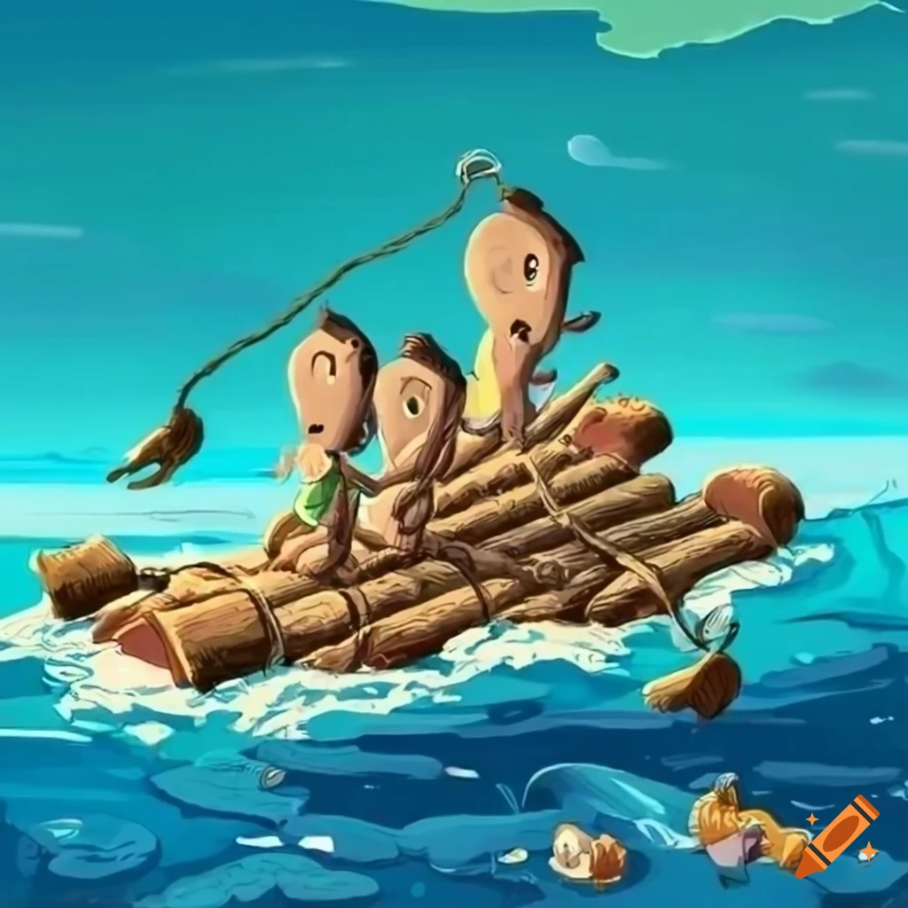 Cartoon illustration of people building a raft