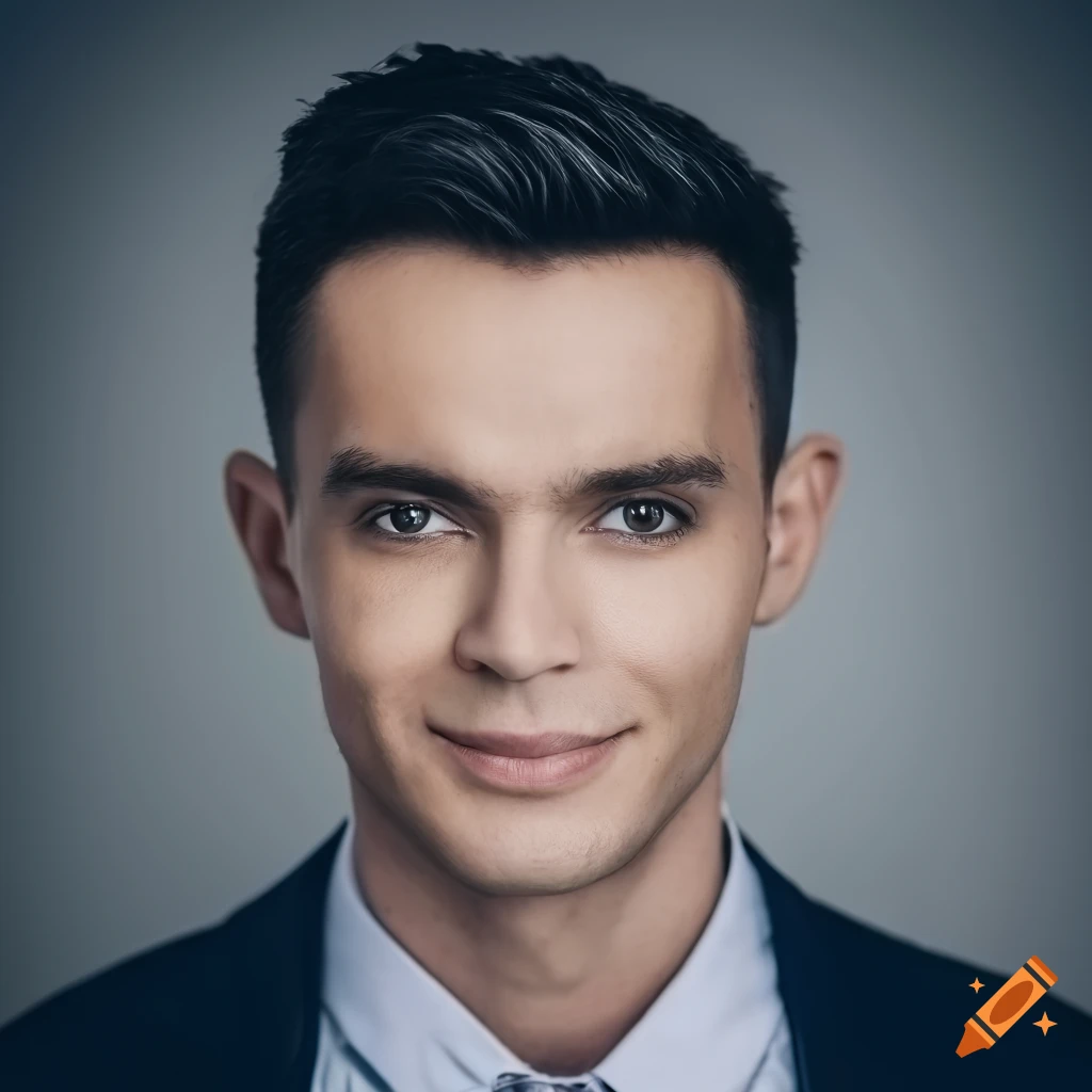 Portrait Of A Caucasian Man With Dark Gray Hair And Reddish Brown Eyes