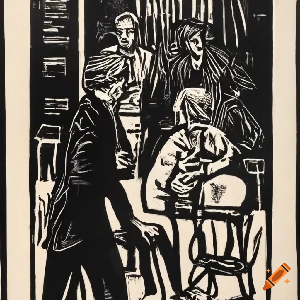 Linocut print depicting men in groups on Craiyon