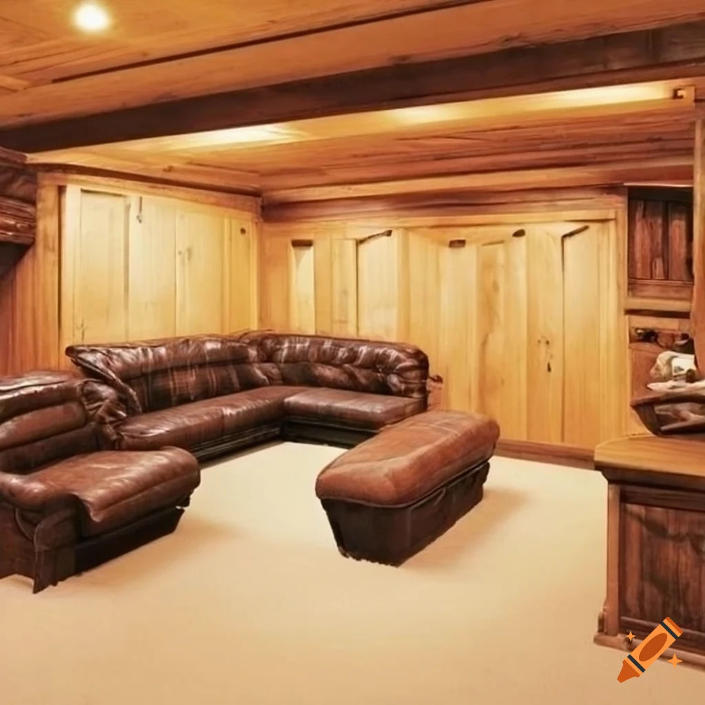 Retro basement interior with wooden walls and vintage furniture