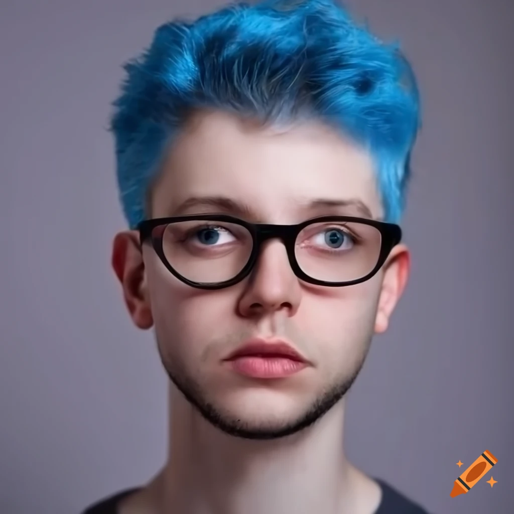 Portrait of a young man with blue hair and glasses on Craiyon
