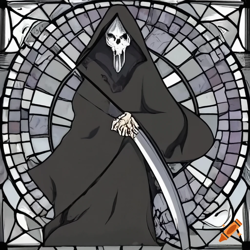Stained glass depiction of the grim reaper