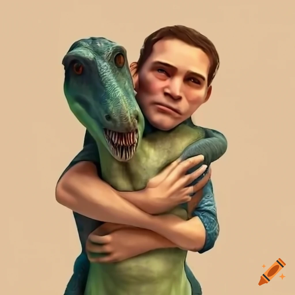 Illustration of a dinosaur hugging a human on Craiyon