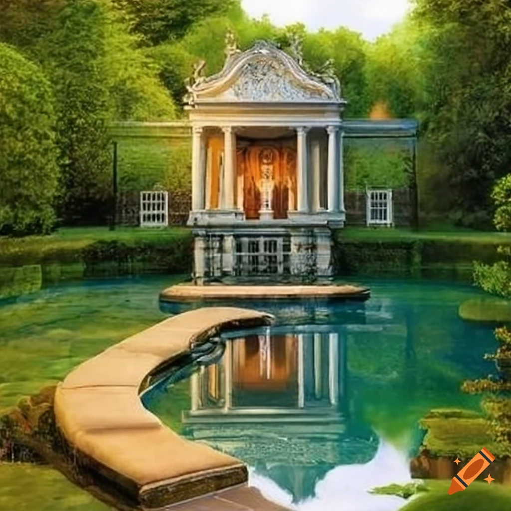 A beautiful rococo garden with a pool and stairs