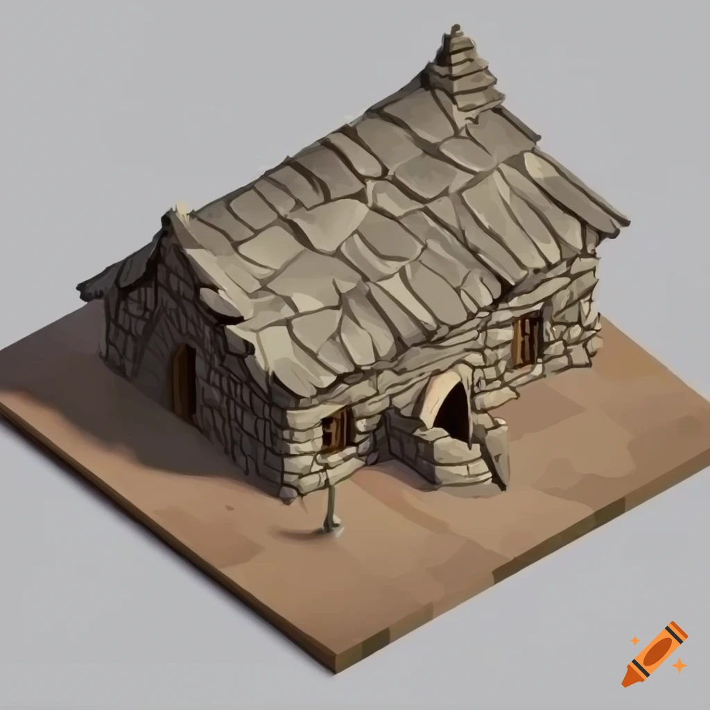 Isometric view of a realistic stone hut on Craiyon