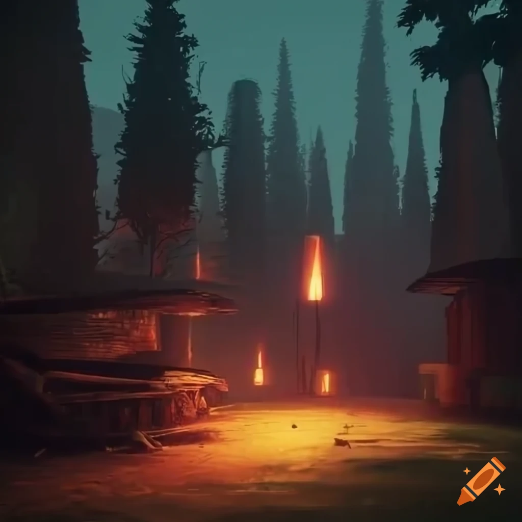 Volumetric lighting through trees in a junkyard on Craiyon