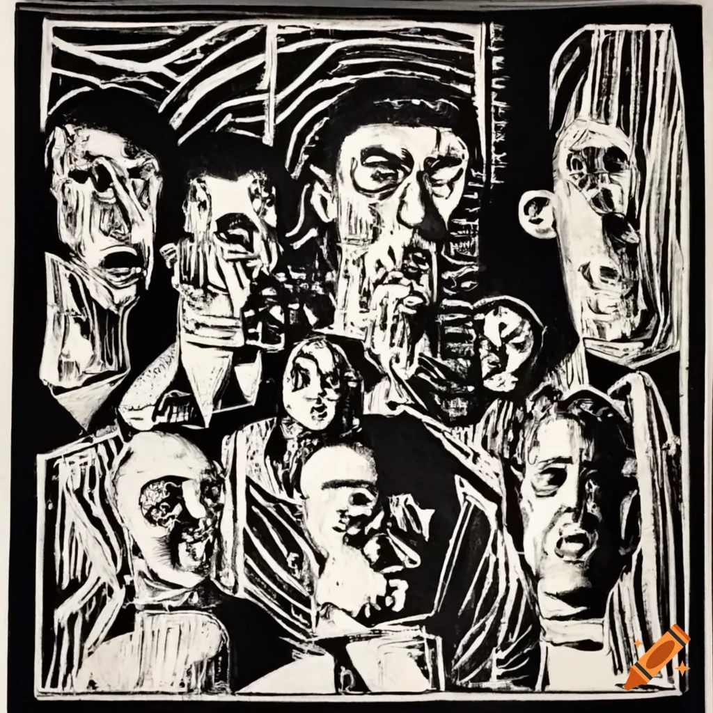Surreal lino print of men in groups with surreal objects