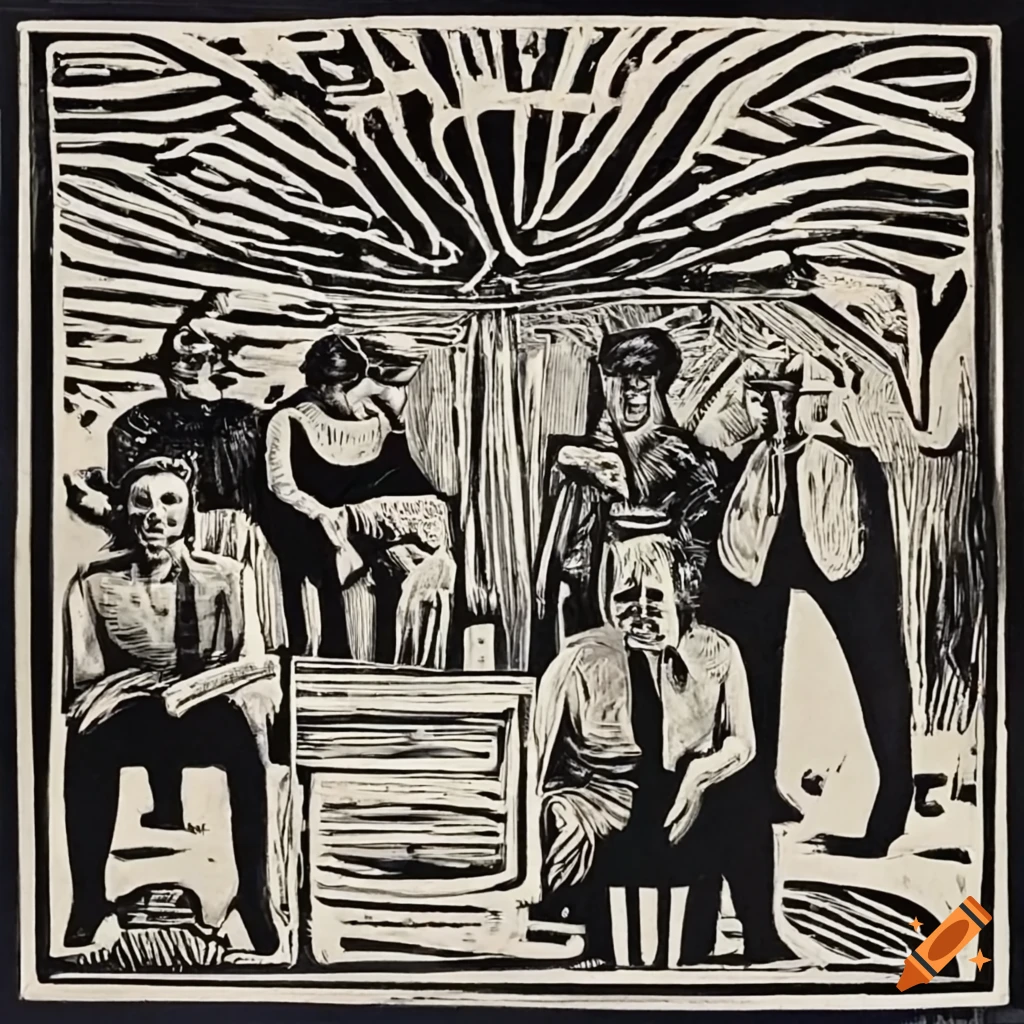 Surreal lino print with strange objects and men