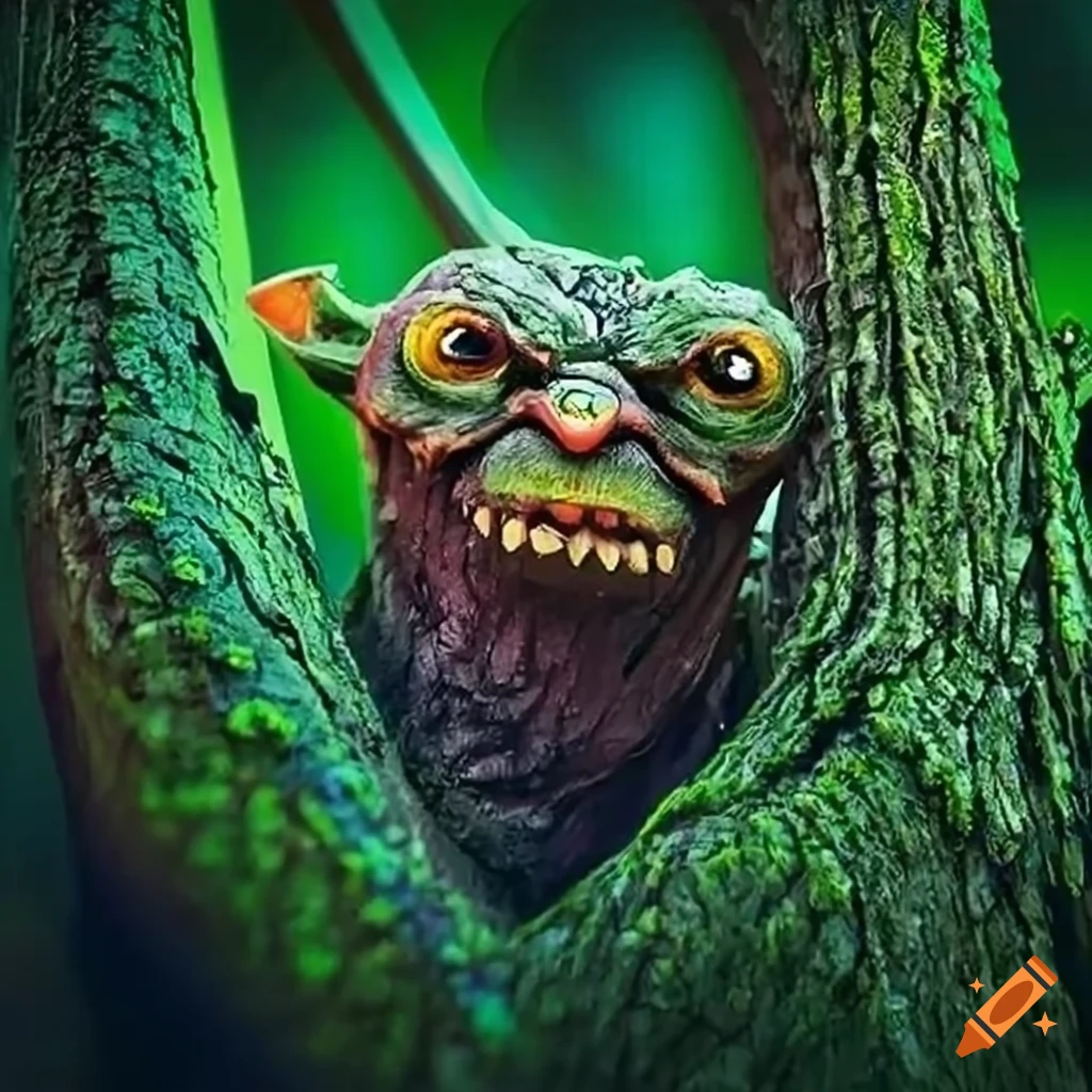 Hyper-realistic photo of a tree bark humanoid sculpture